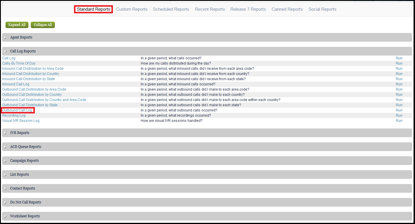 Reporting | Outbound Call Log Report