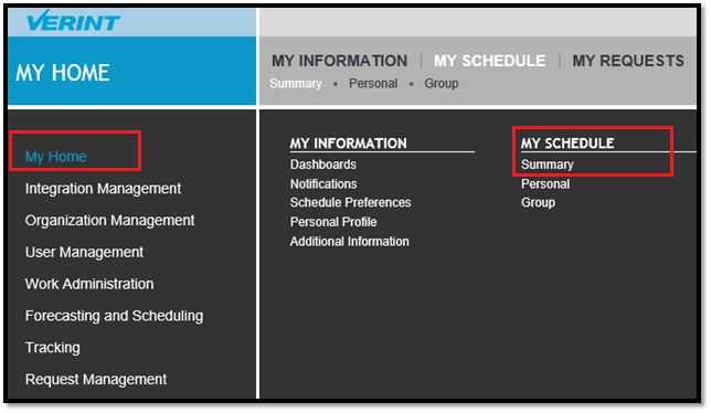 Verint | Viewing My Schedule Summary