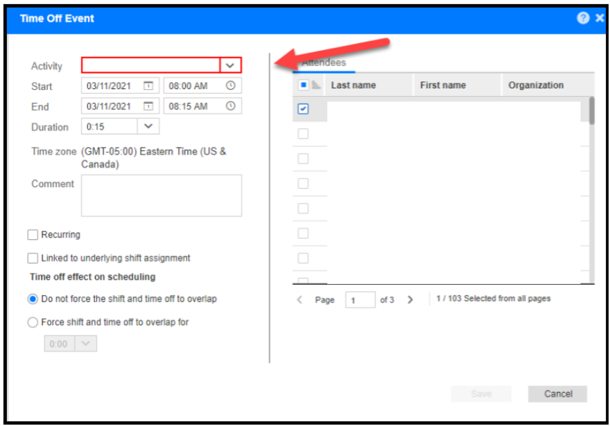 Verint | Blank Drop Down Activity Menu When Adding a Time Off Event